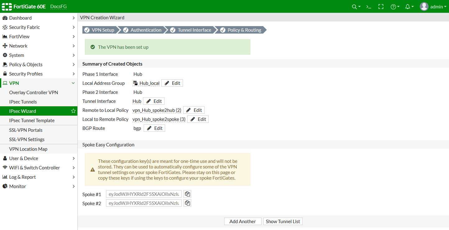 IPsec VPN wizard hub-and-spoke ADVPN support | FortiGate / FortiOS 6.2.15