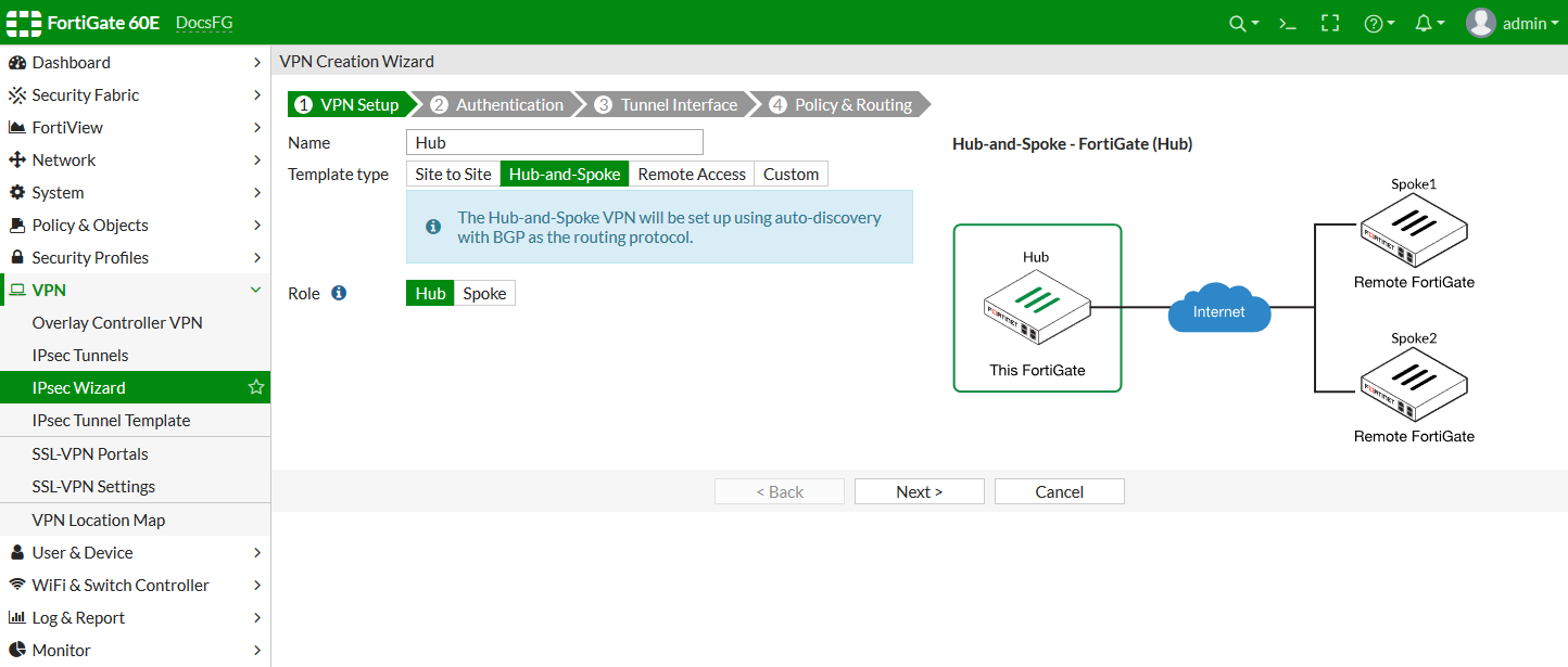 IPsec VPN wizard hub-and-spoke ADVPN support | FortiGate / FortiOS 6.2.15