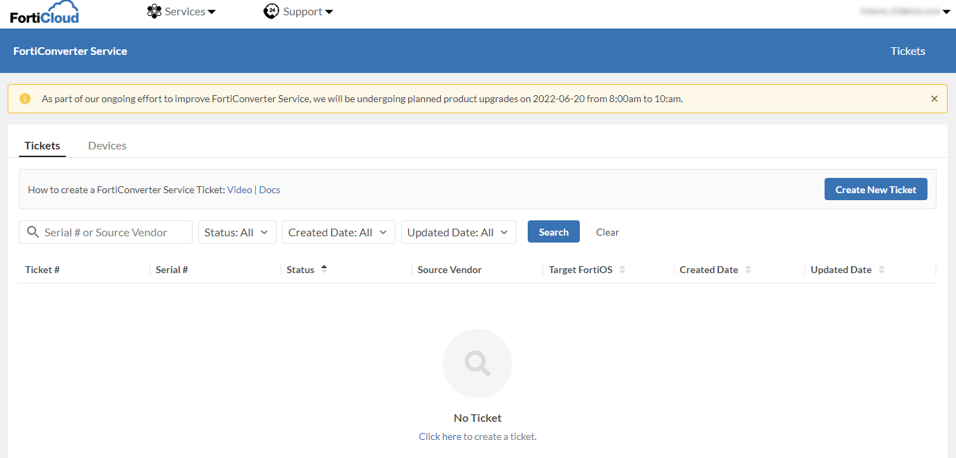 Creating tickets | FortiCloud Services 23.4.0 | Fortinet Document Library