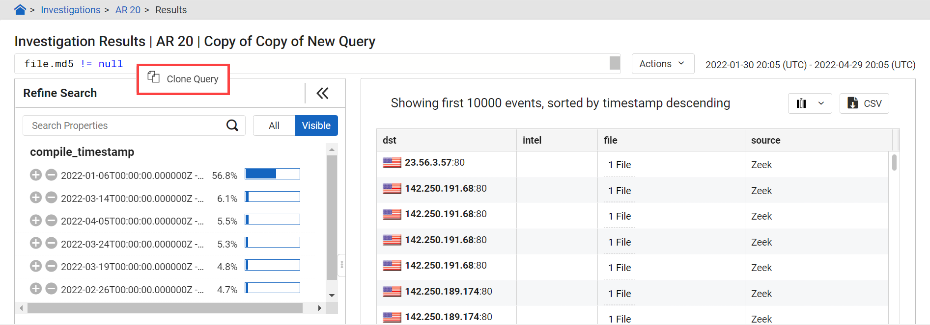Clone an existing query | FortiNDR Cloud 2023.1.1