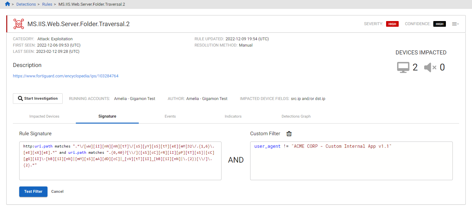 Adding custom filters to a rule signature | FortiNDR Cloud 2023.2.0