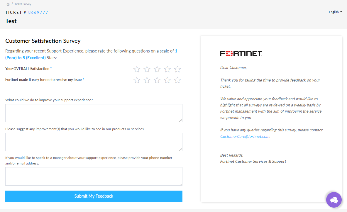 Ticket survey | FortiCloud Services 24.2.0 | Fortinet Document Library