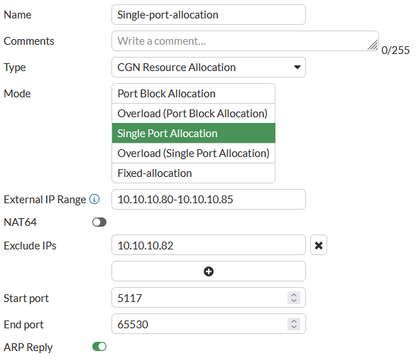 Single port allocation CGN IP pool | FortiGate / FortiOS 7.6.0 ...