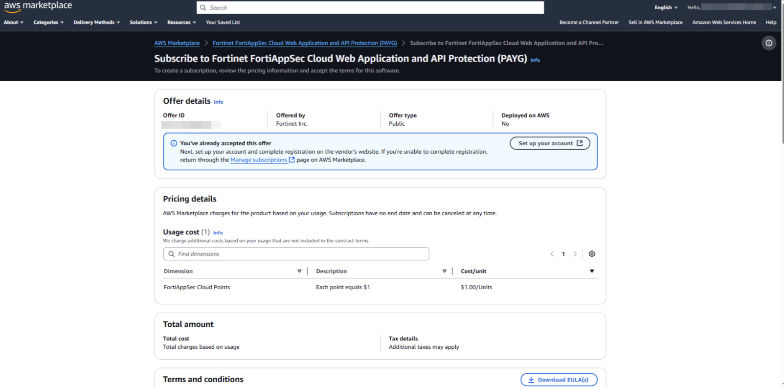 Subscribing on AWS Marketplace | FortiAppSec Cloud | Fortinet Document Library