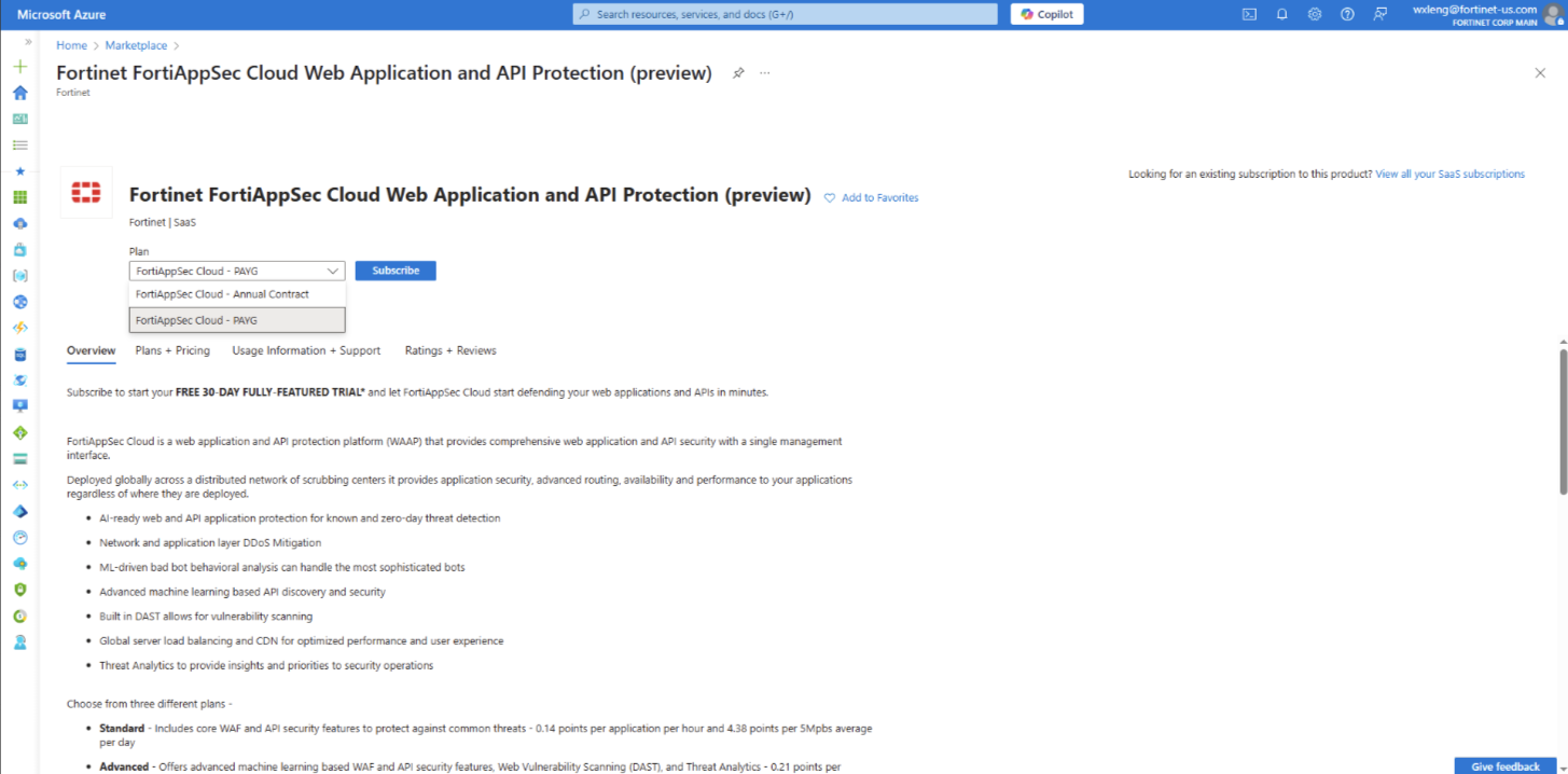 Subscribing on Azure Marketplace | FortiAppSec Cloud | Fortinet Document Library