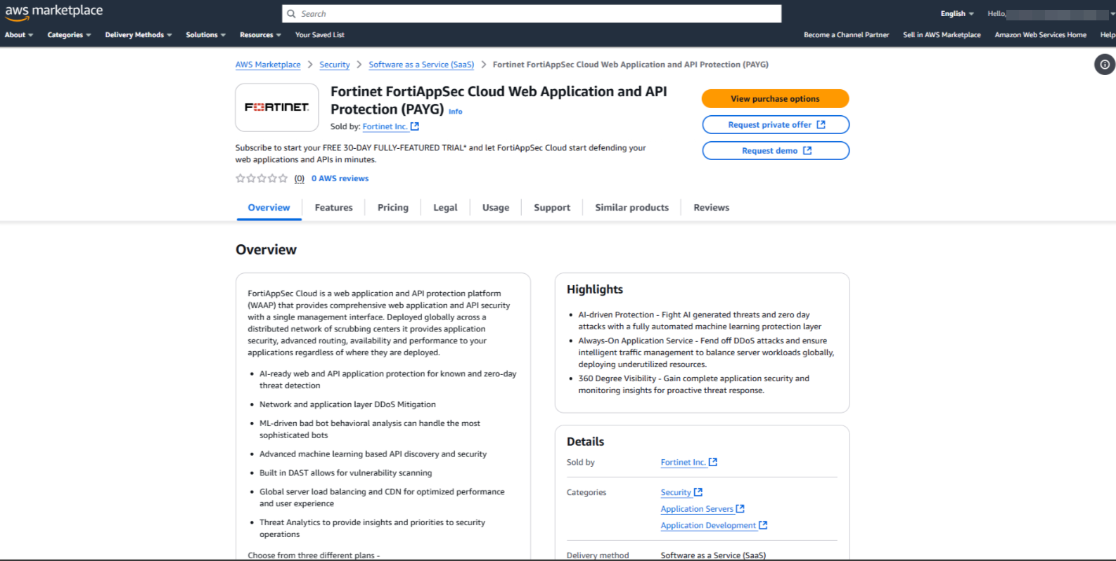 Subscribing on AWS Marketplace | FortiAppSec Cloud | Fortinet Document Library
