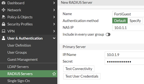 Adding FortiGate as the RADIUS Server | FortiGuest 1.1.0