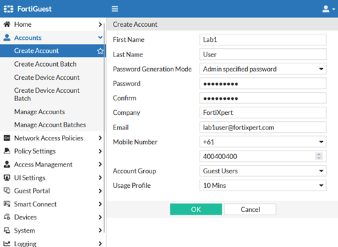 Creating Guest User Account | FortiGuest 1.1.0