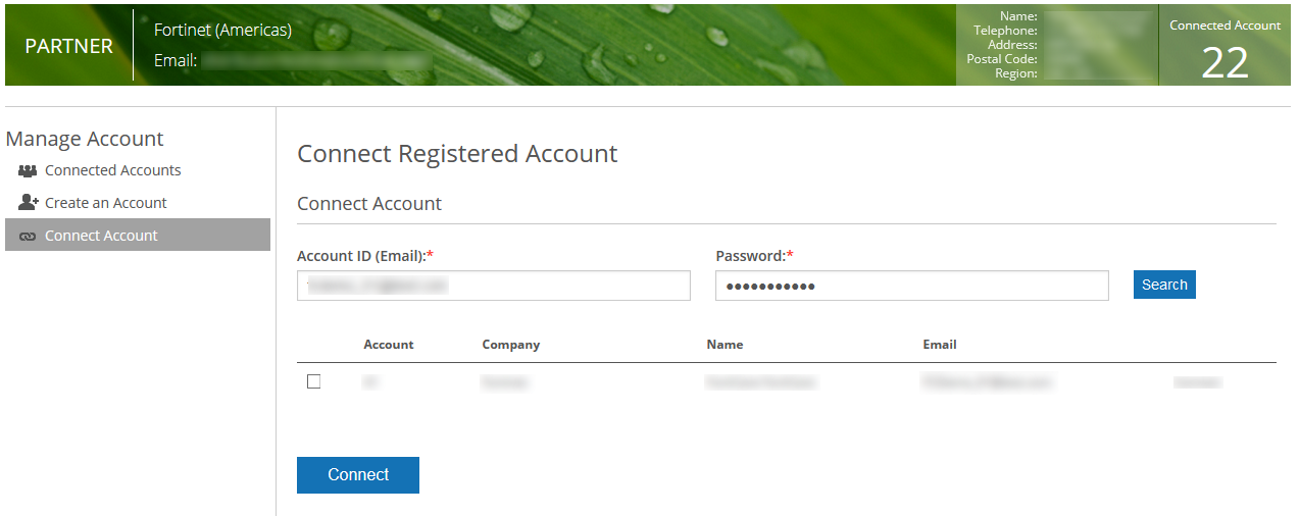Creating connected accounts (Partners) | FortiCloud Services 25.1.a | Fortinet Document Library