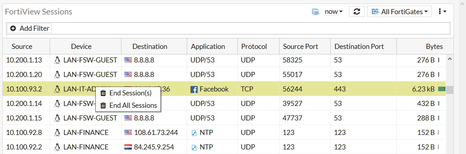 FortiView Sessions | FortiGate / FortiOS 6.4.9