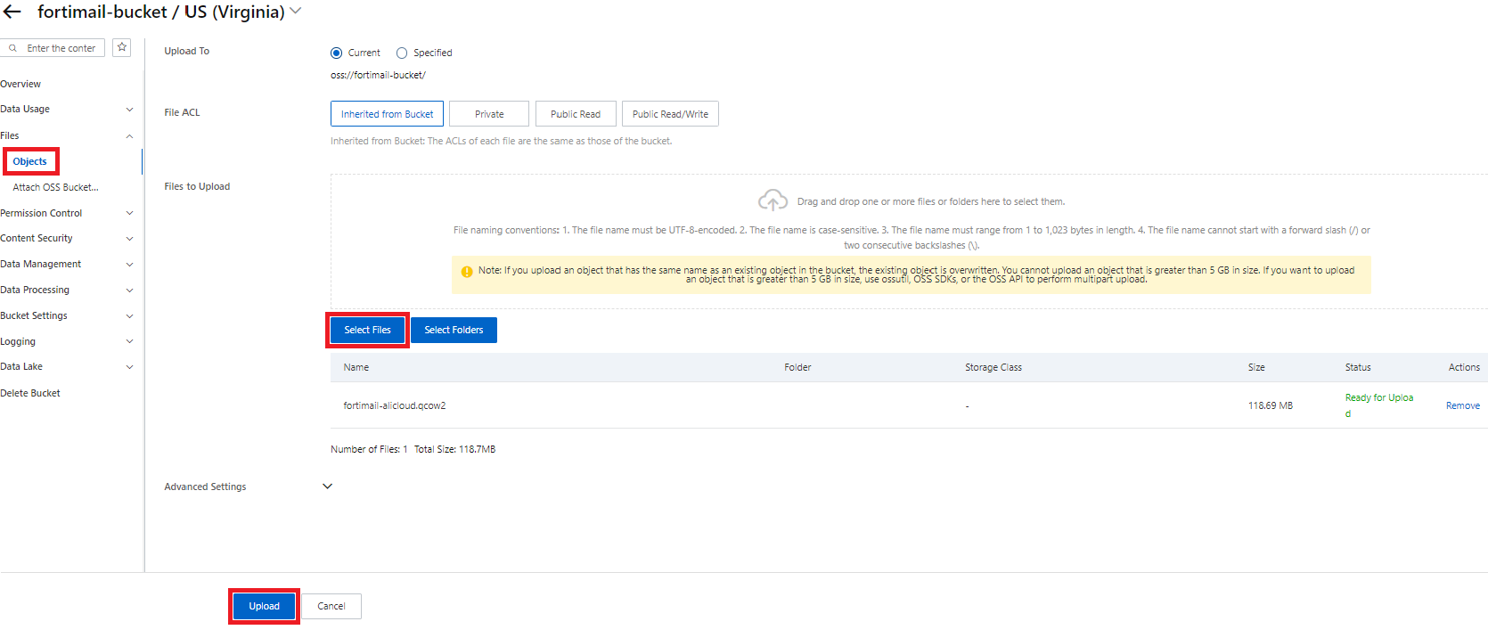 Uploading the Image File to Object Storage Service | FortiMail 7.6.0 | Fortinet Document Library
