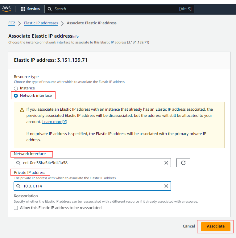 Allocating and associating elastic IP addresses with the public subnet | FortiVoice Public Cloud ...