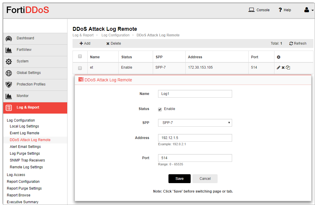 Configuring remote log server settings for the DDoS attack log | FortiDDoS 5.7.2 | Fortinet ...