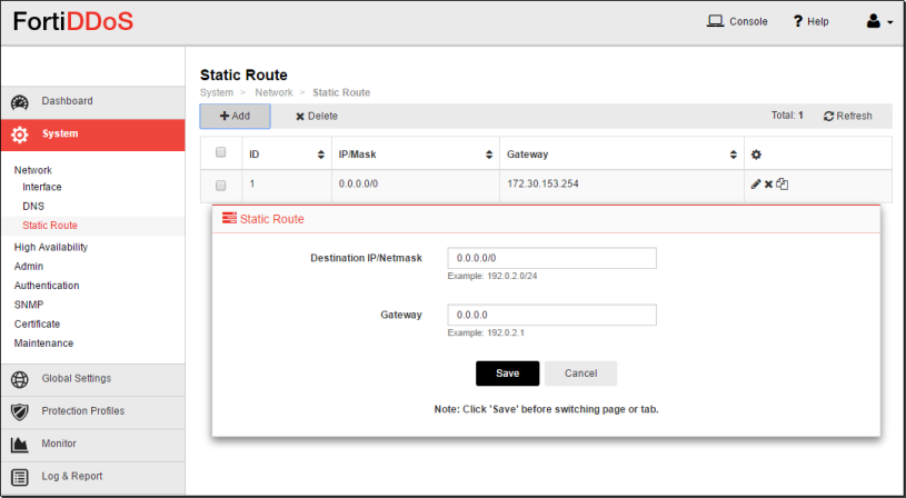 Configuring static routes | FortiDDoS 5.7.2 | Fortinet Document Library