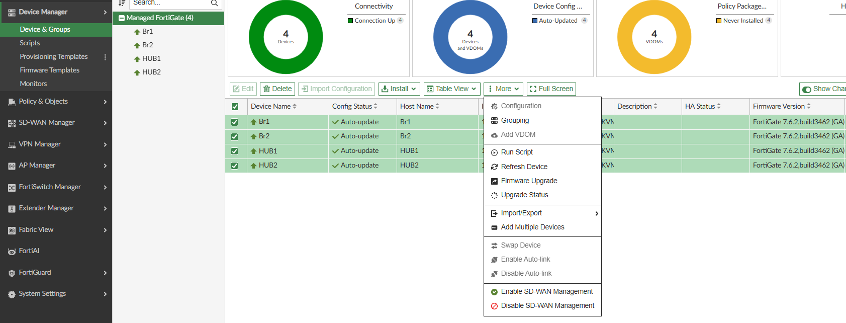 Enable SD-WAN Management for hub and branch dev | FortiManager 7.6.0 ...