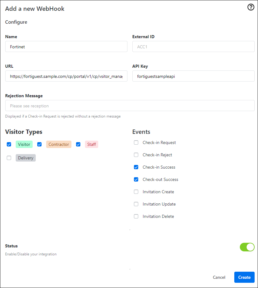 Configuring a WebHook in Sine | FortiGuest 1.3.1 | Fortinet Document ...