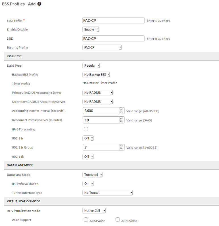 Creating the ESS Profile on the FortiWLC | FortiAuthenticator 6.5.0