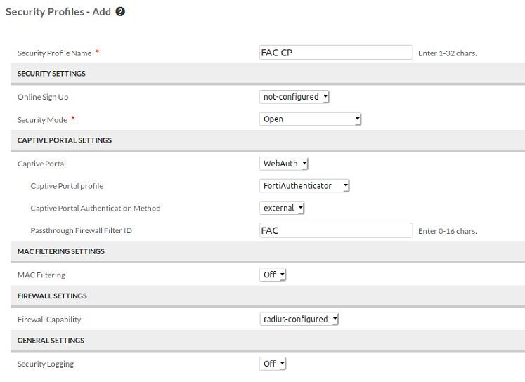 Creating the security profile on the FortiWLC | FortiAuthenticator 6.5.0