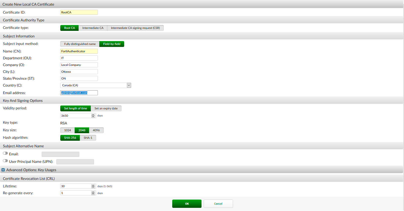 Creating a local CA on FortiAuthenticator | FortiAuthenticator 6.5.0 ...