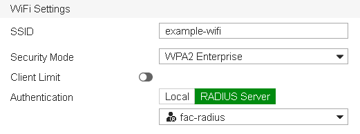 Configuring the SSID to RADIUS authentication | FortiAuthenticator 6.5. ...