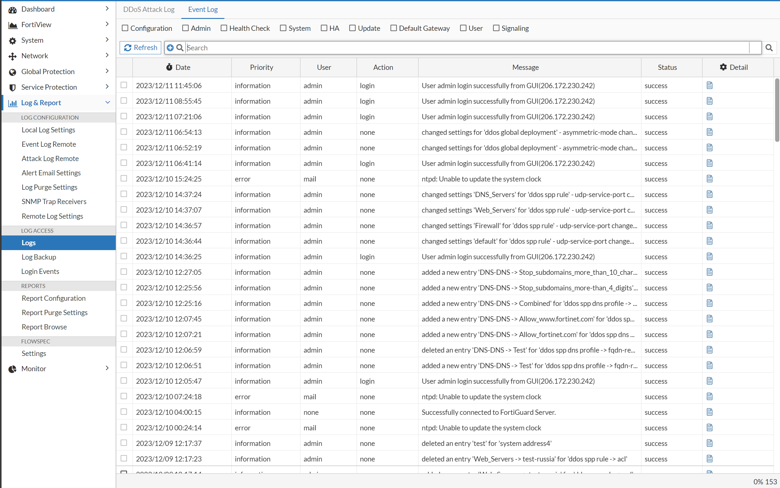 Using the event log table | FortiDDoS-F 7.0.3 | Fortinet Document Library