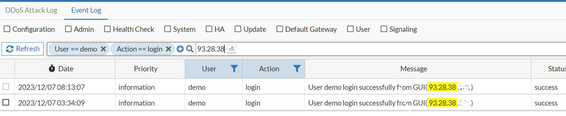 Using the event log table | FortiDDoS-F 7.0.3 | Fortinet Document Library
