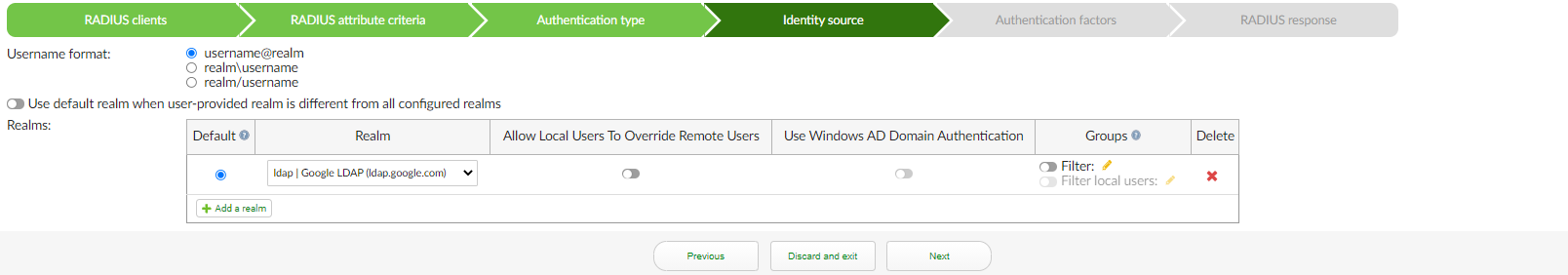 Creating a realm and RADIUS policy with EAP-TTLS authentication ...