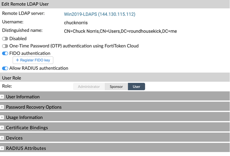 Editing users to set up FIDO authentication | FortiAuthenticator 6.6.0 | Fortinet Document Library