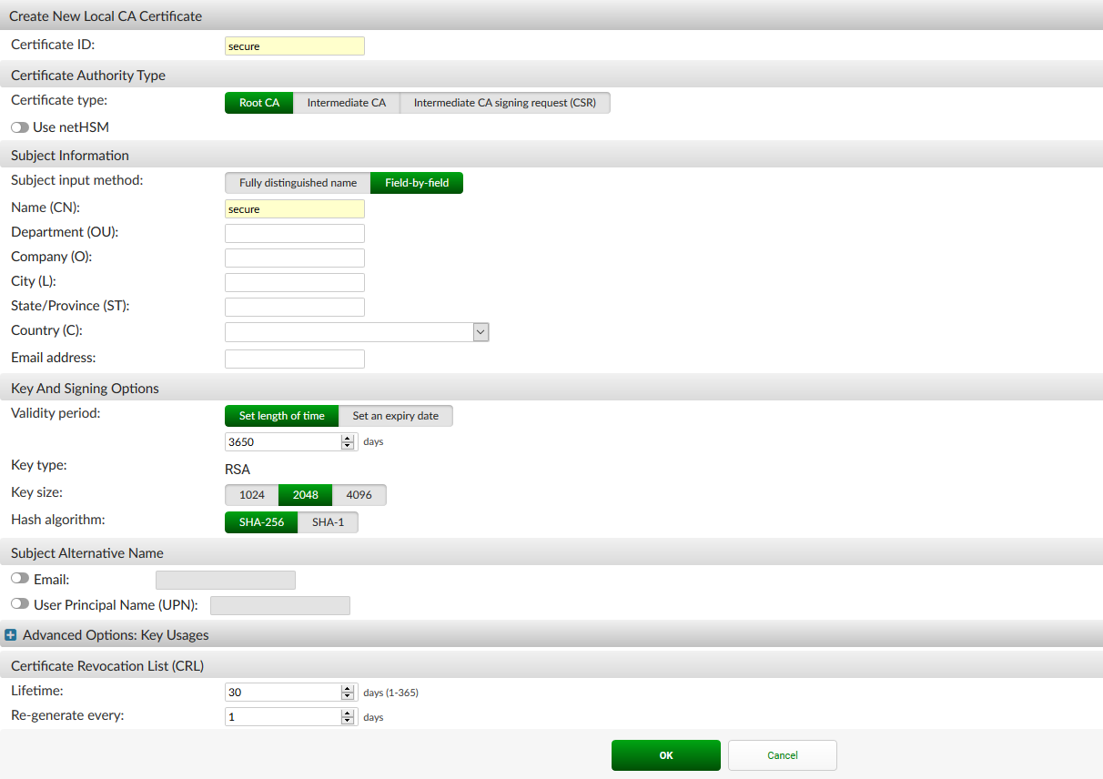 Creating a new CA on the FortiAuthenticator | FortiAuthenticator 6.6.0 ...