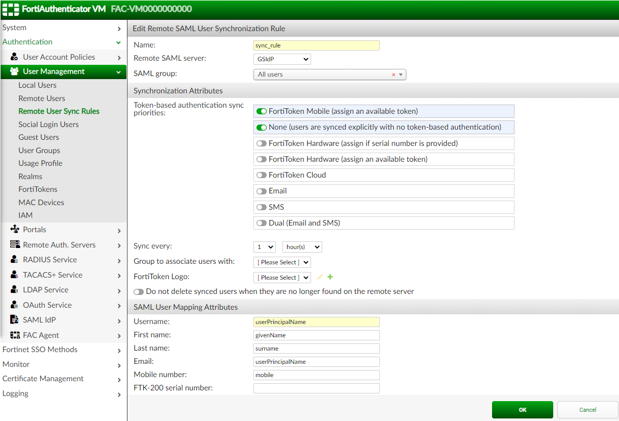 Creating a remote SAML user synchronization rule | FortiAuthenticator 6.6.0 | Fortinet Document ...