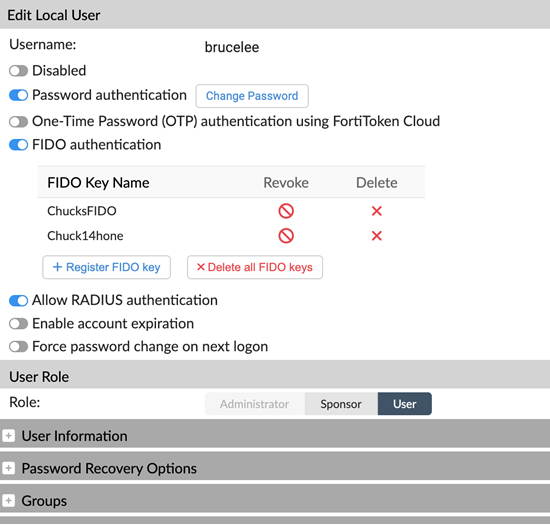 Editing users to set up FIDO authentication | FortiAuthenticator 6.6.0 ...