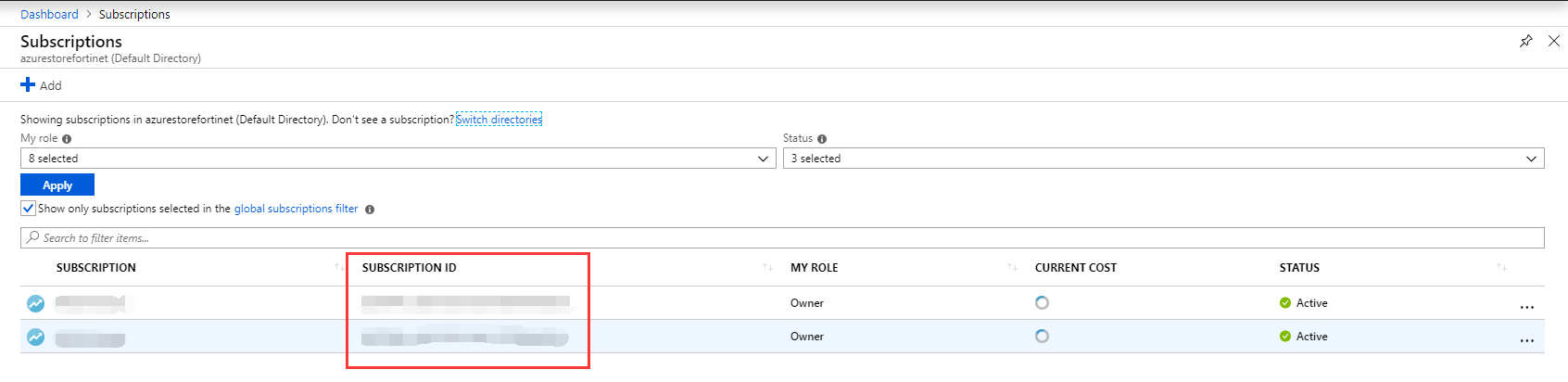 Getting subscription ID and tenant ID | FortiWeb Public Cloud 6.4.0