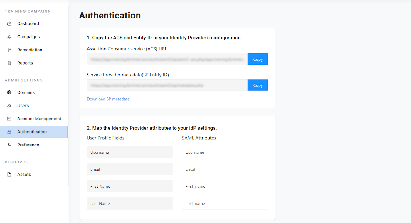 Single sign-on (SSO) SAML2 configuration | Security Awareness and Training 24.2.1 | Fortinet ...
