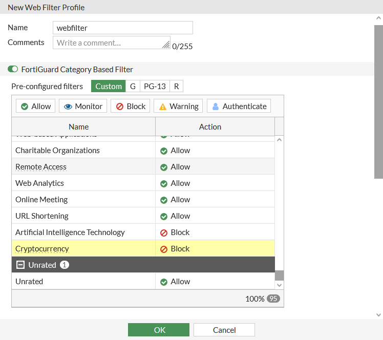 Configuring web filter profiles to block AI and cryptocurrency ...