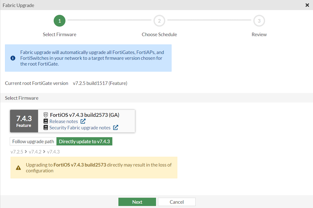 Upgrading Fabric or managed devices | FortiGate / FortiOS 7.2.11 ...