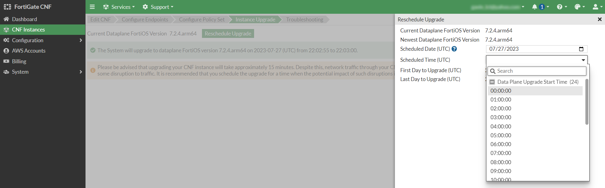 Schedule FortiGate CNF instance upgrades | FortiGate CNF 23.3.a