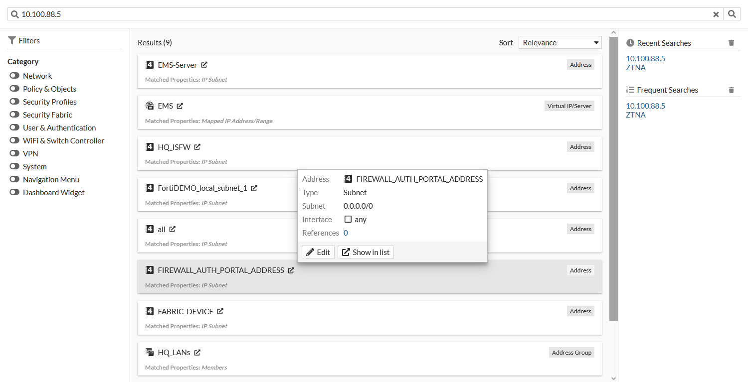 GUI-based global search | FortiProxy 7.6.0 | Fortinet Document Library