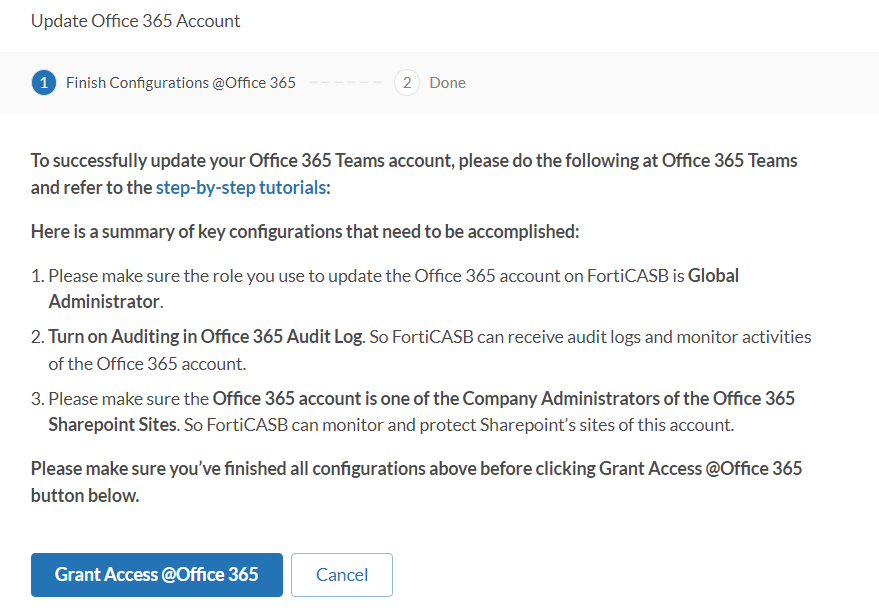Update Office 365 Account | FortiCASB 24.1.b | Fortinet Document Library