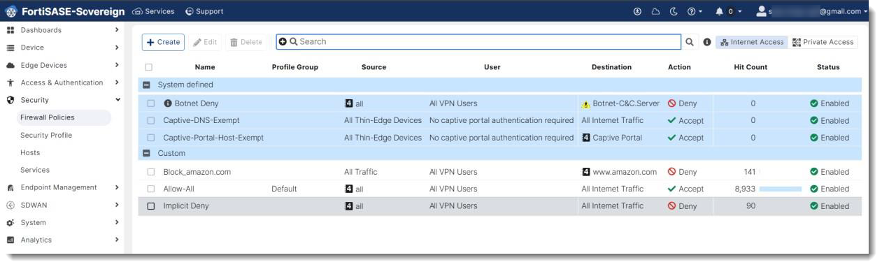 Configure firewall policies | FortiSASE-Sovereign | Fortinet Document Library
