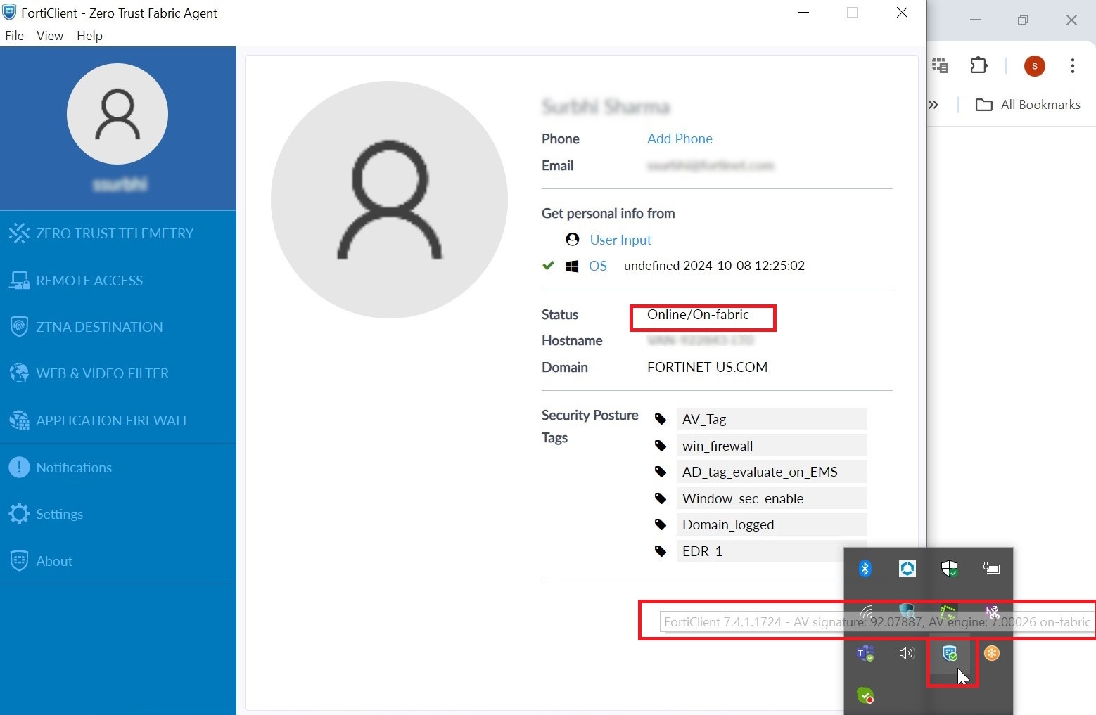 FortiTray icons for On-Fabric and VPN connection status 7.4.1 ...