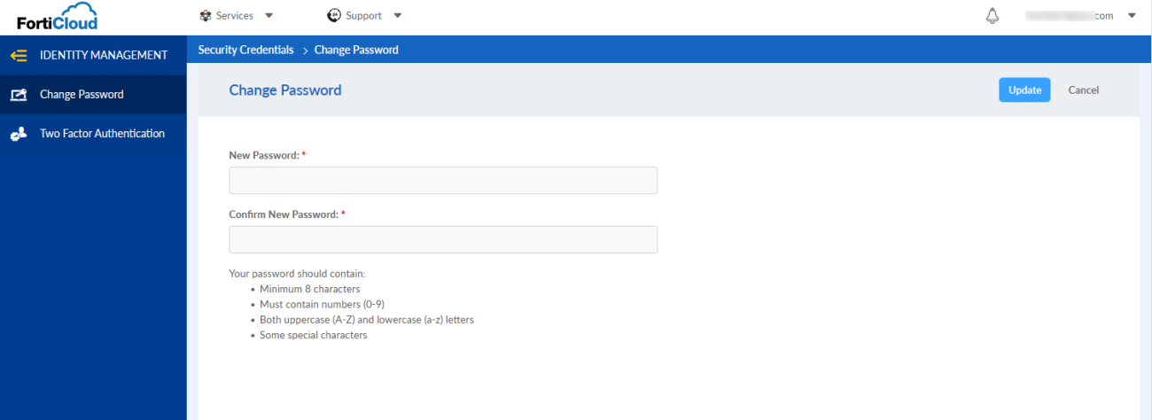 Change password | FortiCloud Services 24.2.a | Fortinet Document Library