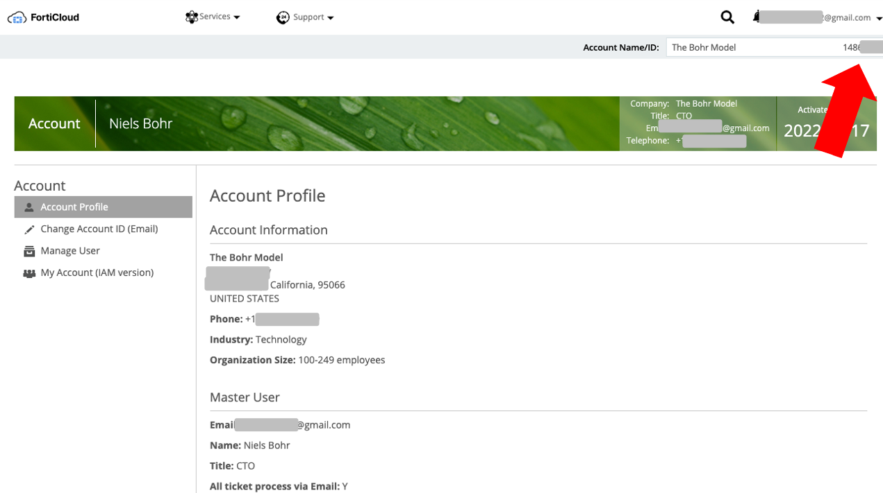 FortiCloud navigation and account ID | FortiGate Cloud 25.2.0 ...