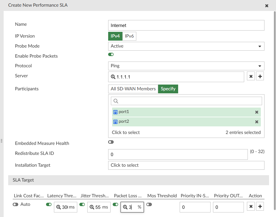 Define two performance SLAs for further rules | FortiManager 7.4.0 | Fortinet Document Library
