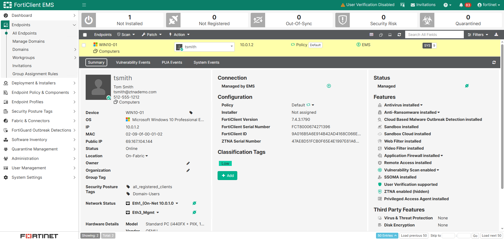 Registering to FortiClient EMS and verifying Securtiy Posture tags ...