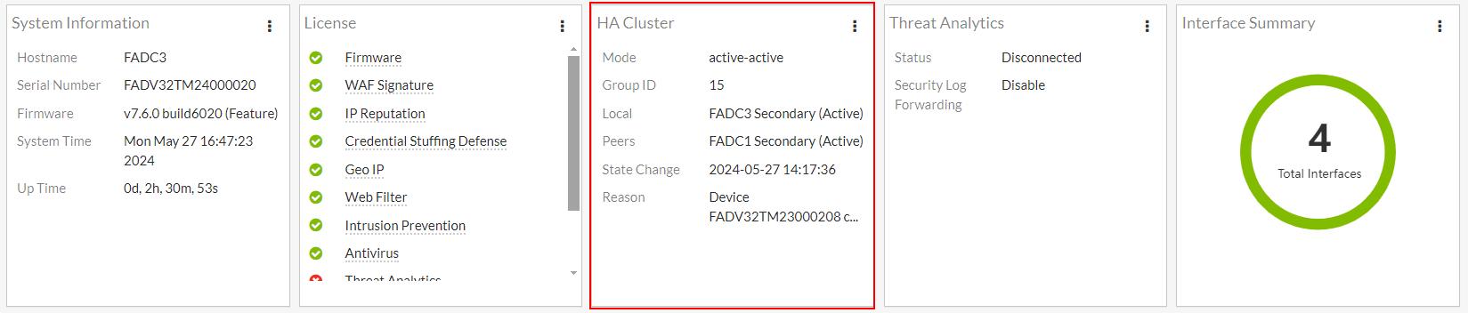 Monitoring an HA cluster | FortiADC 7.6.0 | Fortinet Document Library