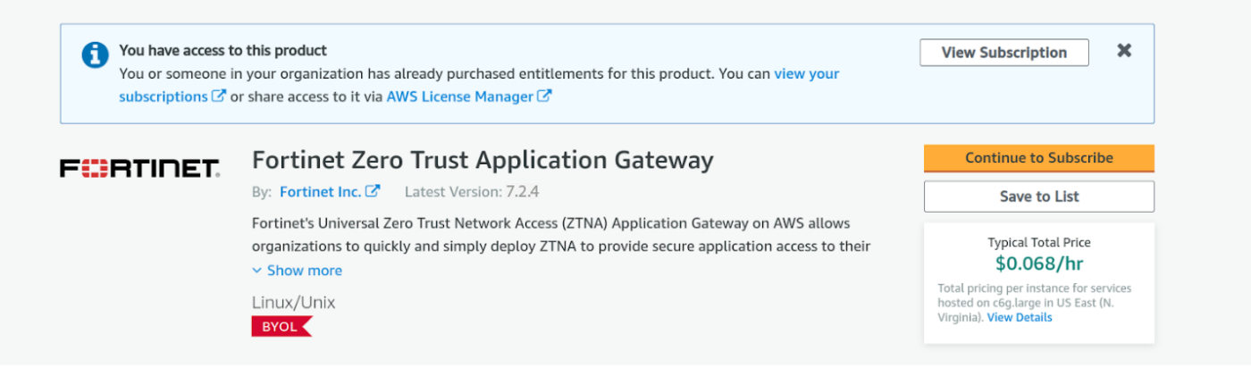 AWS marketplace selection and pre-configuration | FortiGate Public Cloud 7.2.4 | Fortinet ...