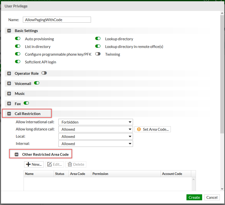 Configuring an account code and user privilege for branch paging ...