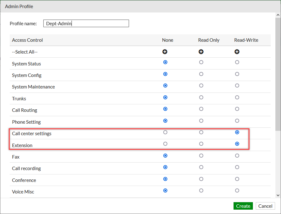 Creating a department administrator profile and account | FortiVoice 7.0.0