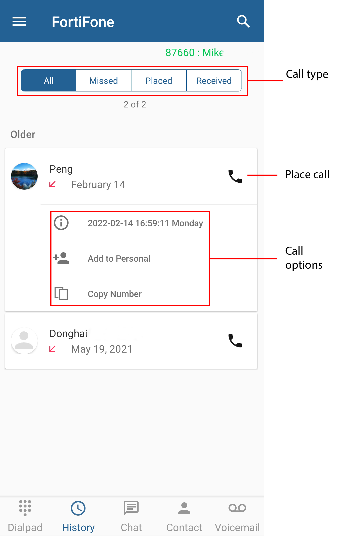 Checking the call history | FortiFone 1.0.0 | Fortinet Document Library