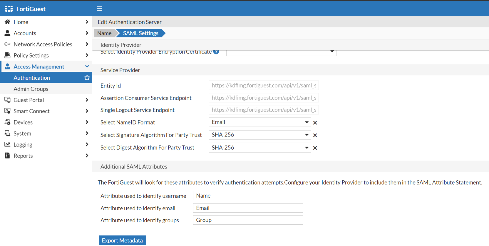 Exporting the SAML Metadata | FortiGuest 1.3.1 | Fortinet Document Library